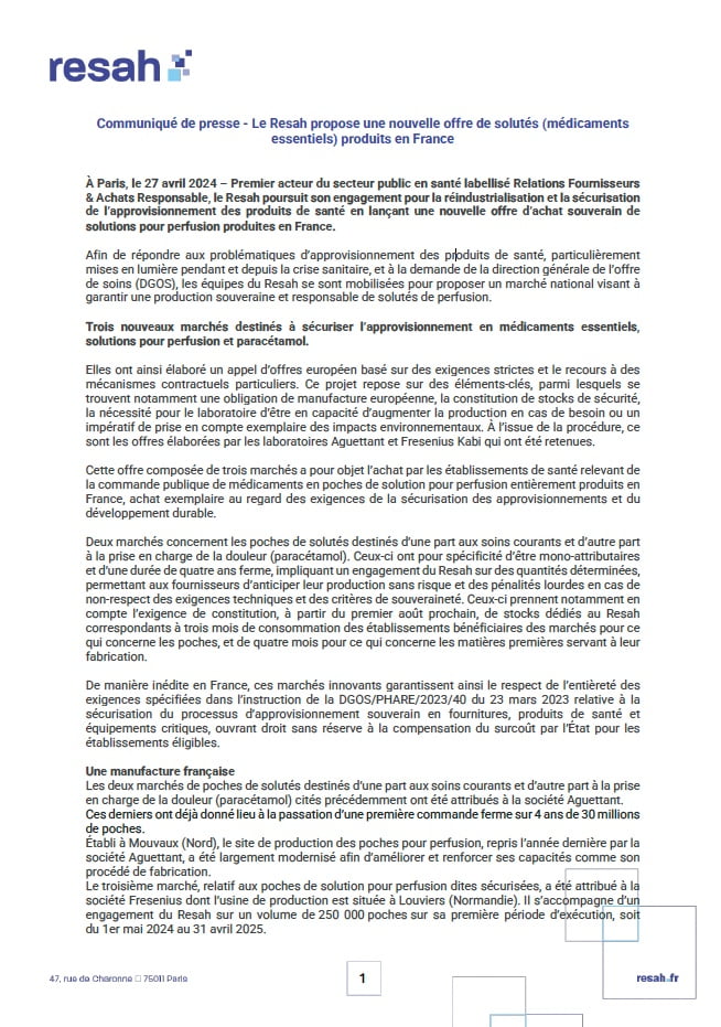 Le Resah propose une nouvelle offre de solutés (médicaments essentiels ...