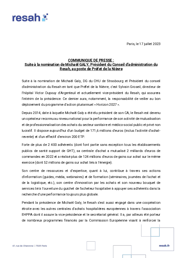 Suite à la nomination de Michaël GALY, Président du Conseil d ...