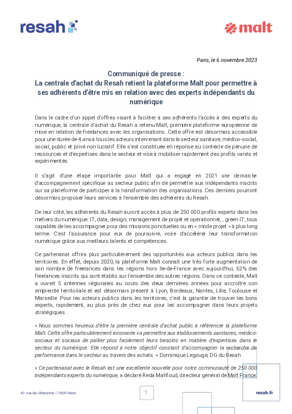 La centrale d’achat du Resah retient la plateforme Malt pour permettre à ses adhérents d’être ...