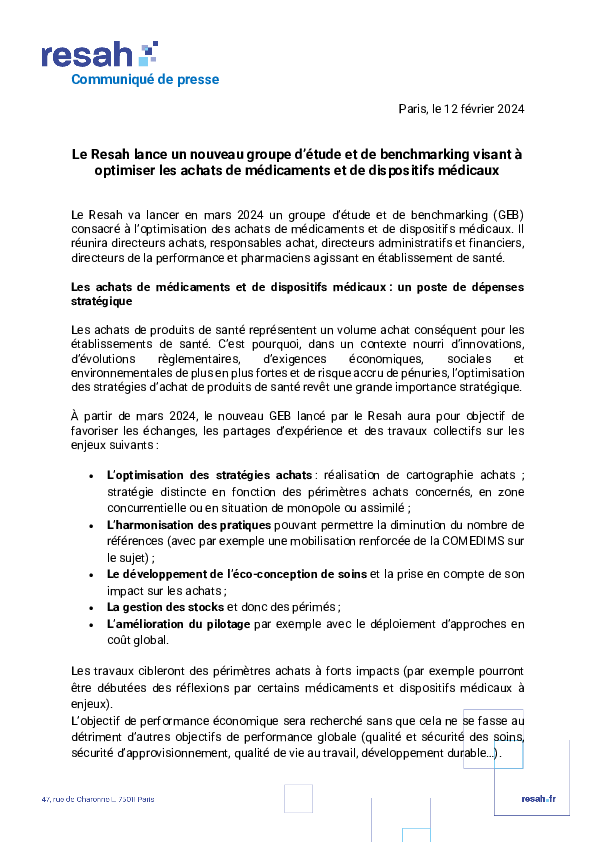 Le Resah lance un nouveau groupe d’étude et de benchmarking visant à optimiser les achats de ...