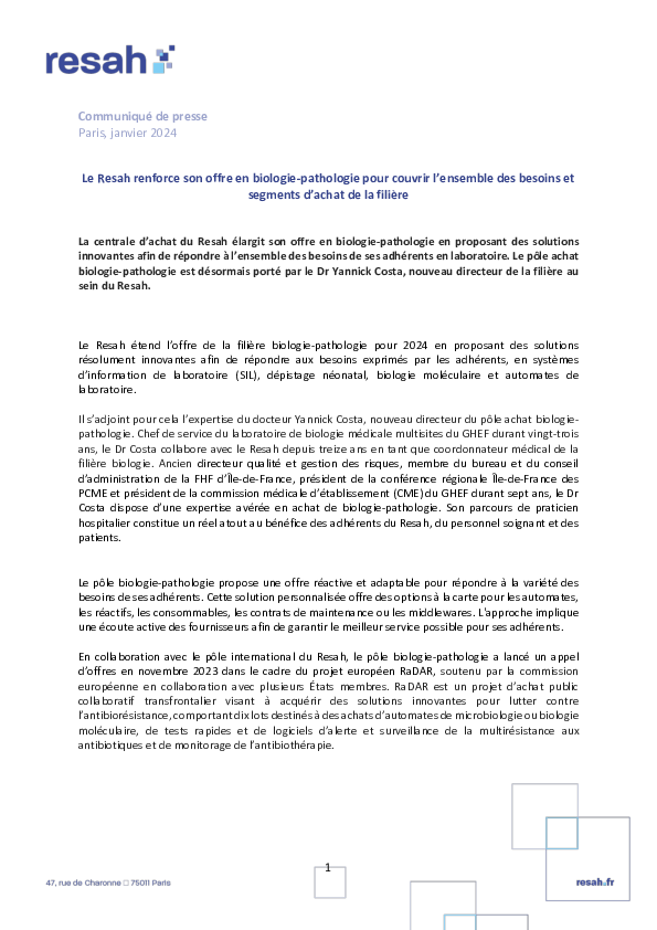 Le Resah renforce son offre en biologie-pathologie pour couvrir l’ensemble des besoins et ...